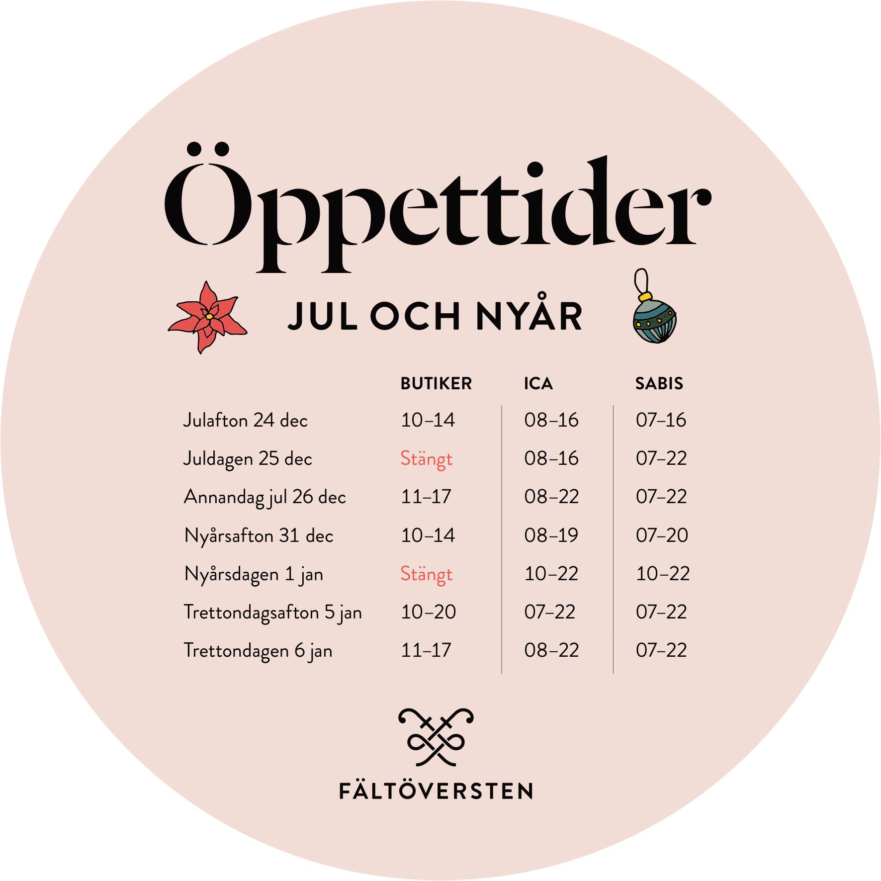 Öppettider jul och nyår | Fältöversten